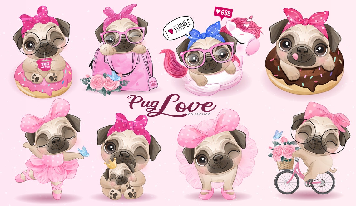Cute Pug Love Clipart With Watercolor Illustration | Etsy