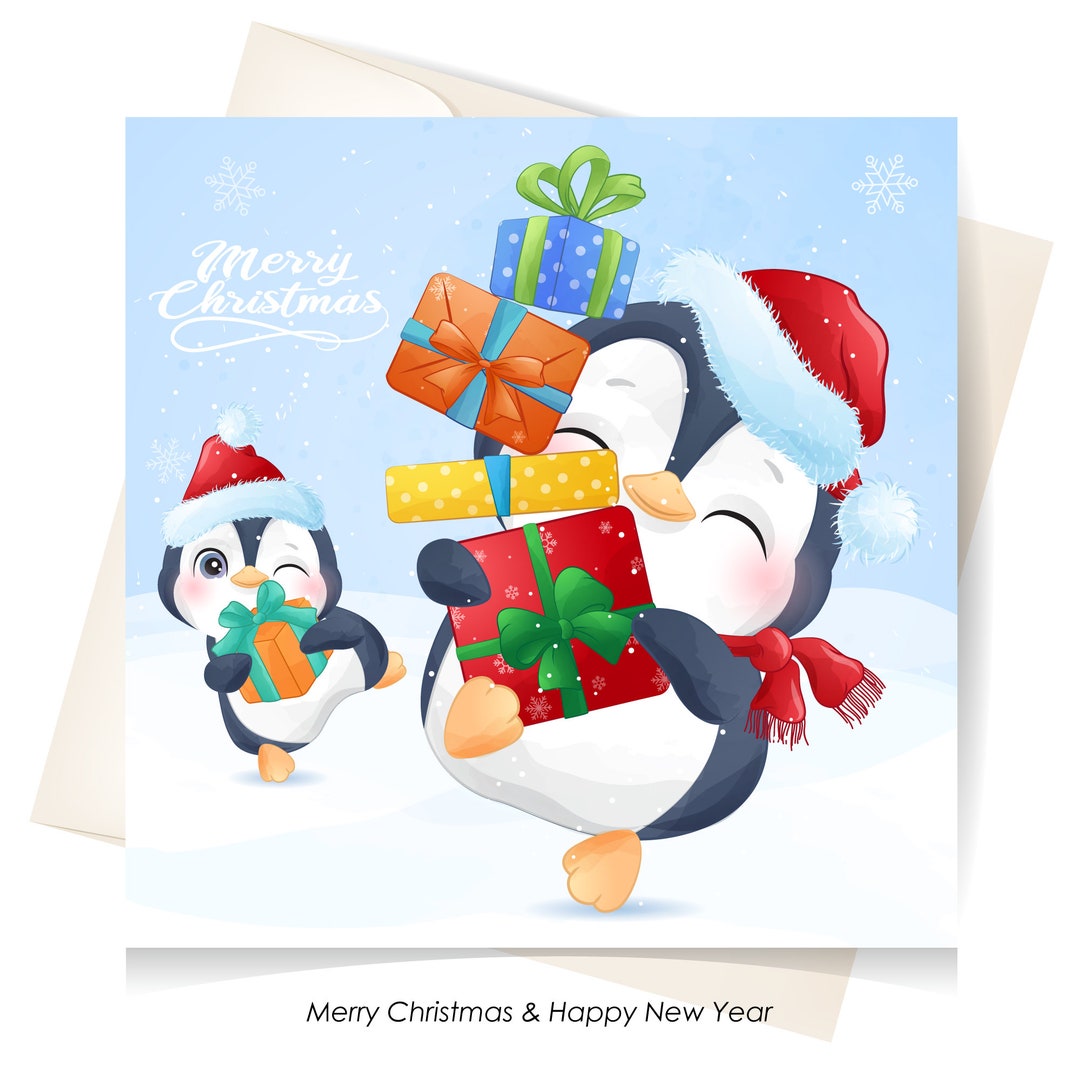 Cute Penguin for Merry Christmas Greeting Card Clipart - Etsy