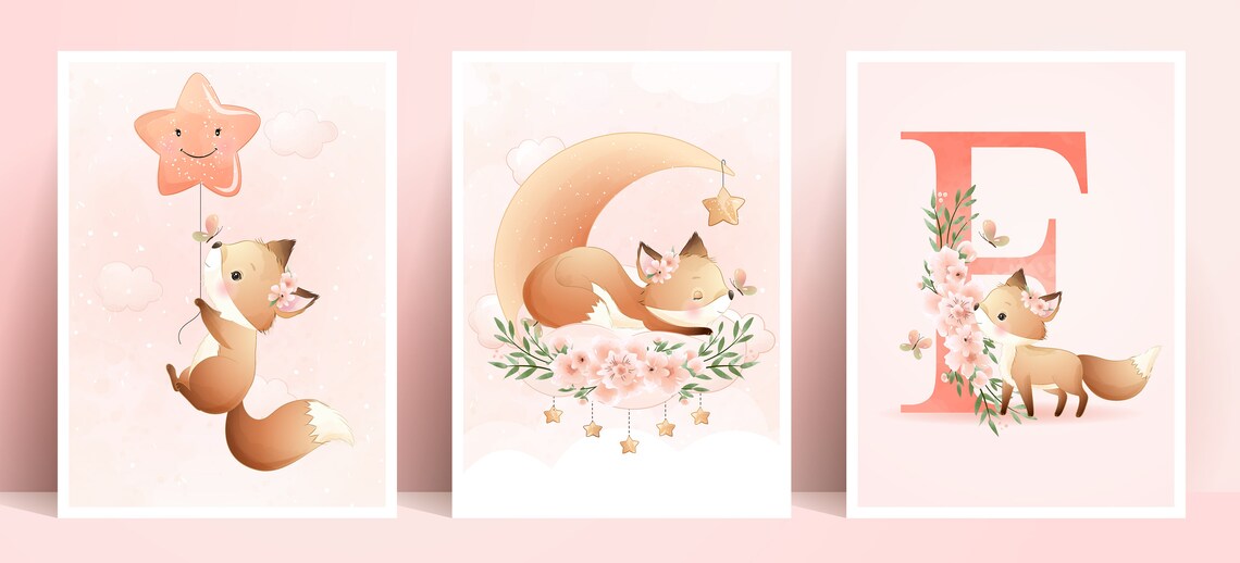 Kids Prints Fox for Kids Poster Set. Digital Watercolor - Etsy