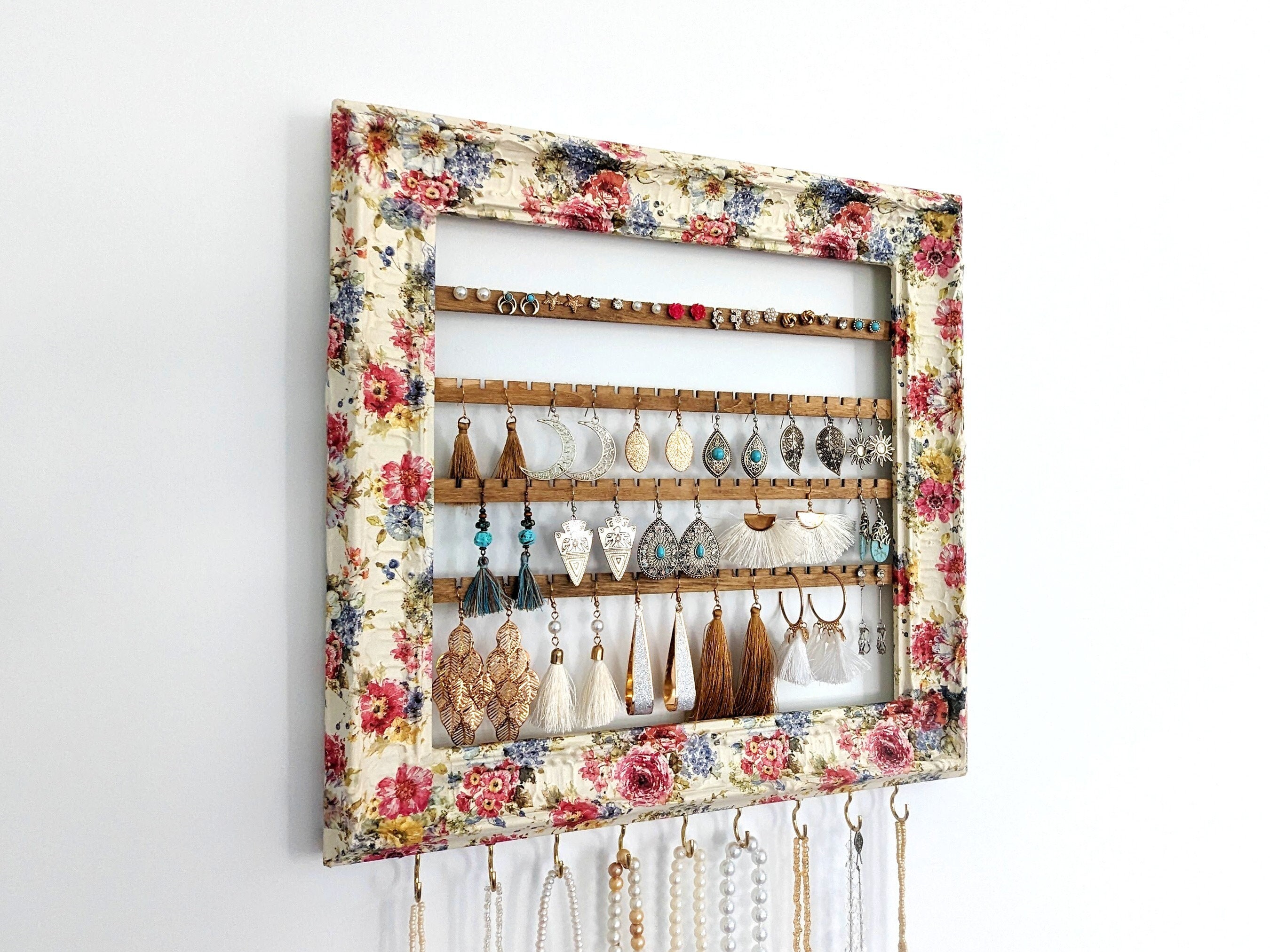 Floral Hanging Jewelry Display/ Framed Jewelry Organizer/ Wall Mount ...