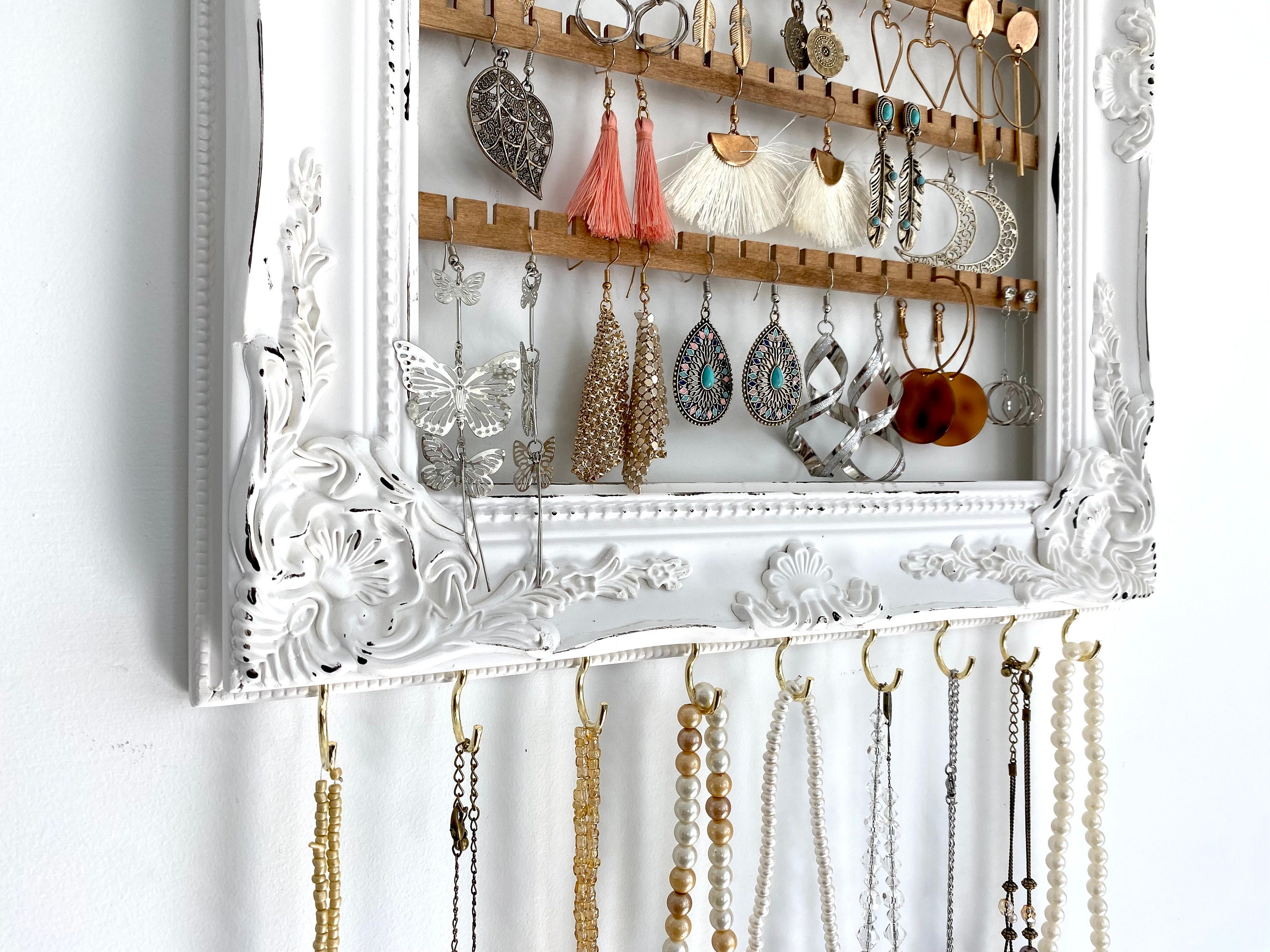 Extra Large Distressed White Wall Hanging Earring Organizer, Wall ...