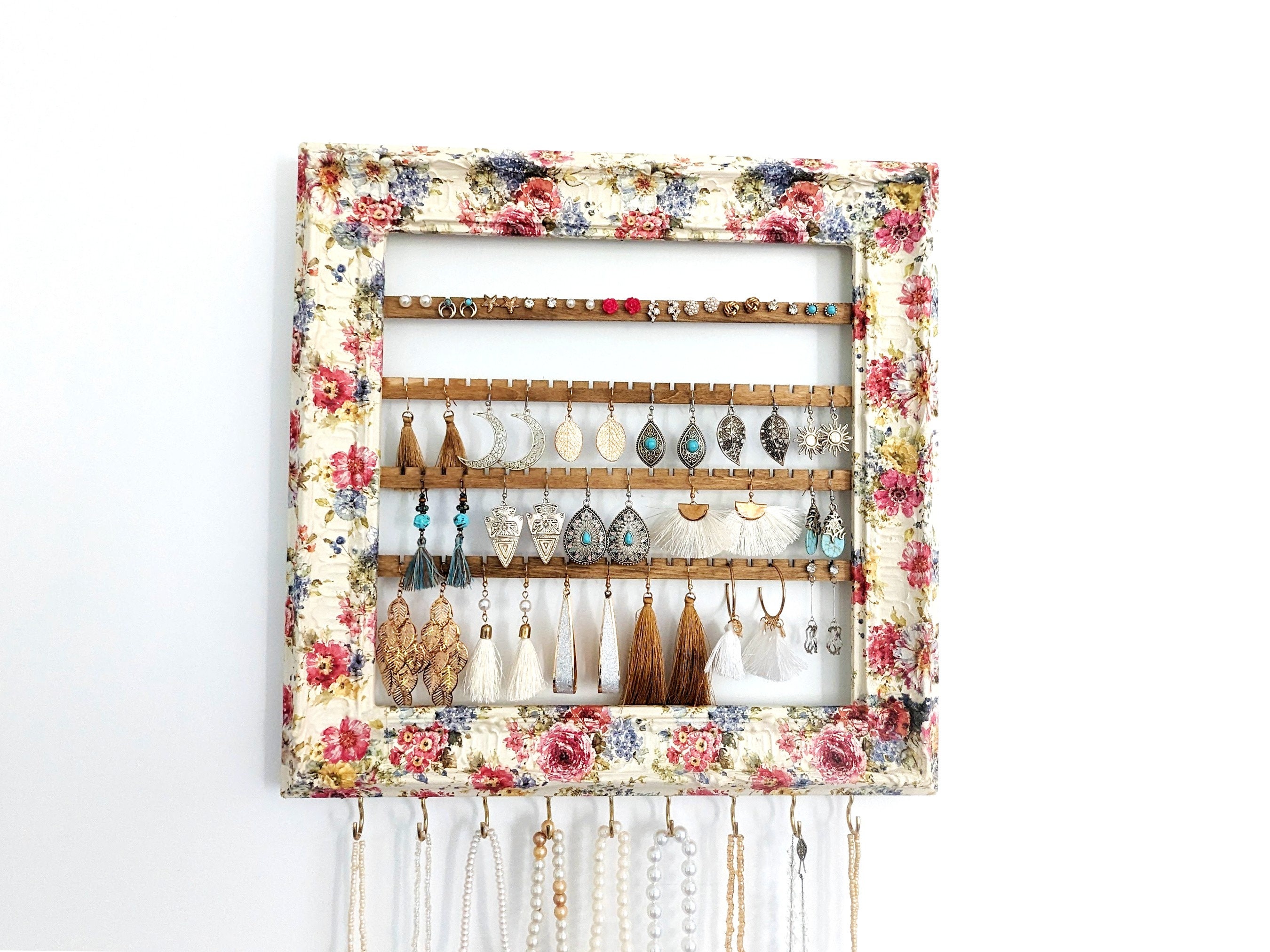 Floral Hanging Jewelry Display/ Framed Jewelry Organizer/ Wall Mount ...