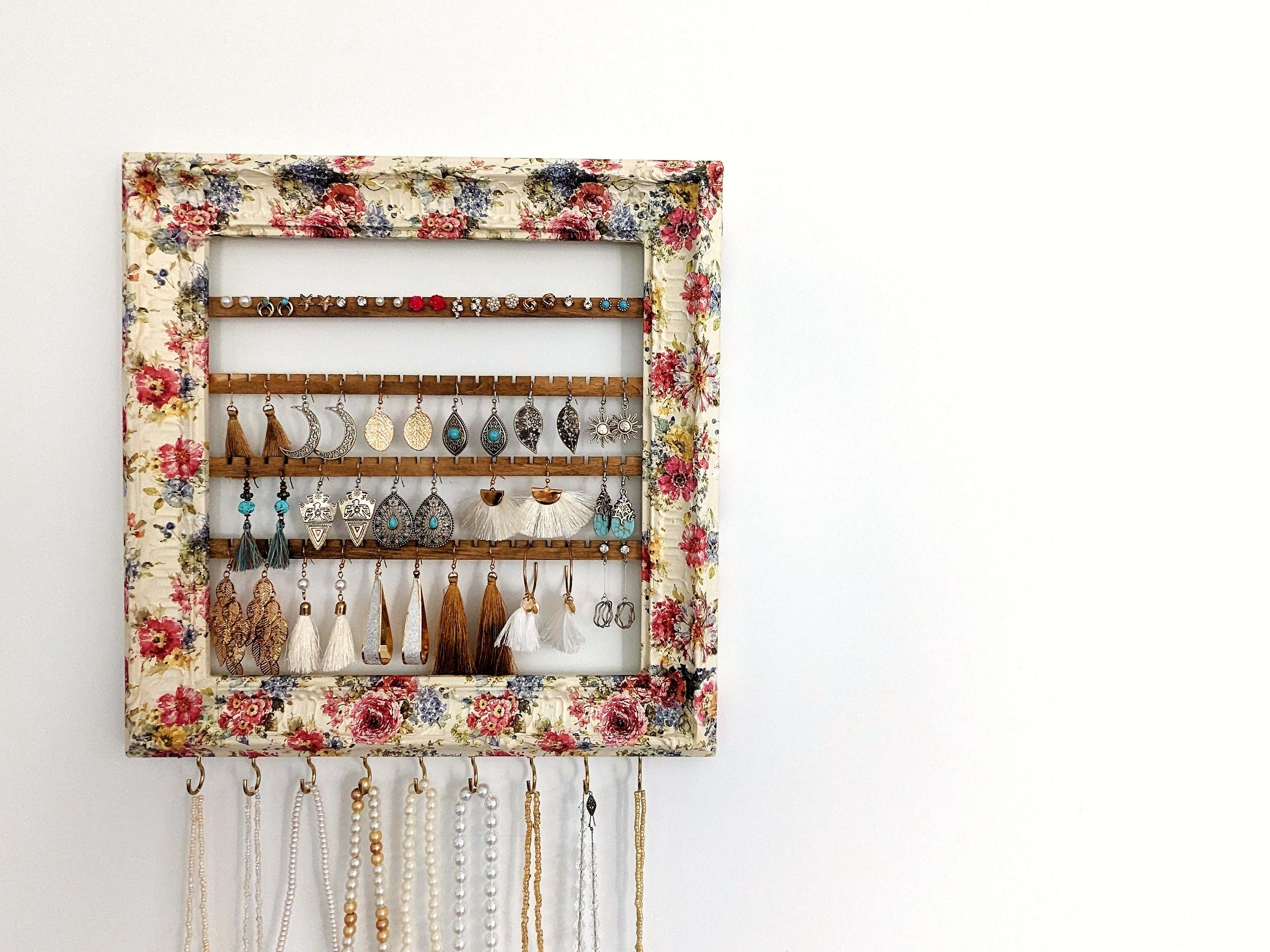 Floral Hanging Jewelry Display/ Framed Jewelry Organizer/ Wall Mount ...