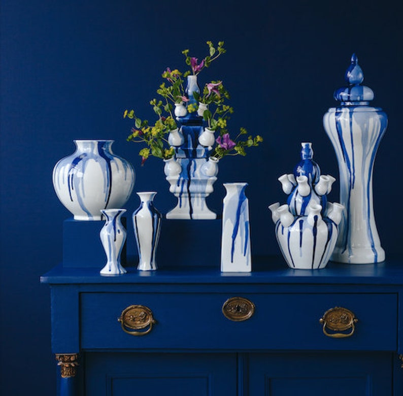 Modern Delft Blue Vase With Drip Effect Hand-painted - Etsy