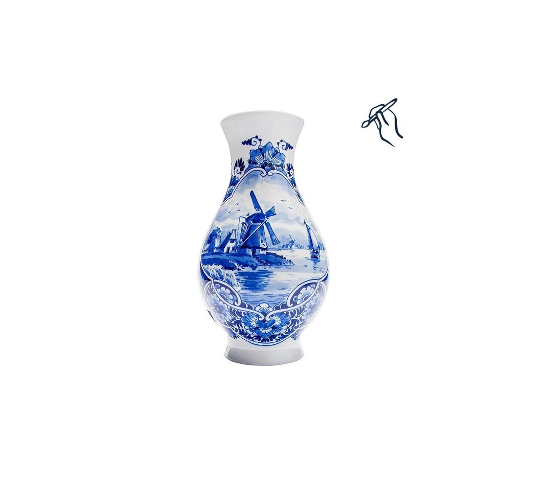 Vase With Windmill, Delft Blue Hand-painted Porcelain With Signature - Etsy
