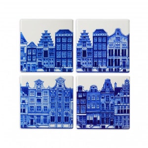 Delft Blue Coasters With Bicycles or Canal Houses, Porcelain, Set of 4 ...