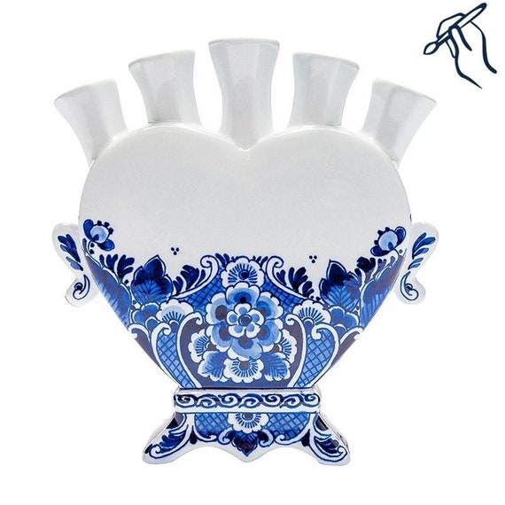 Heart shaped Delft blue flower vase hand-painted porcelain | Etsy