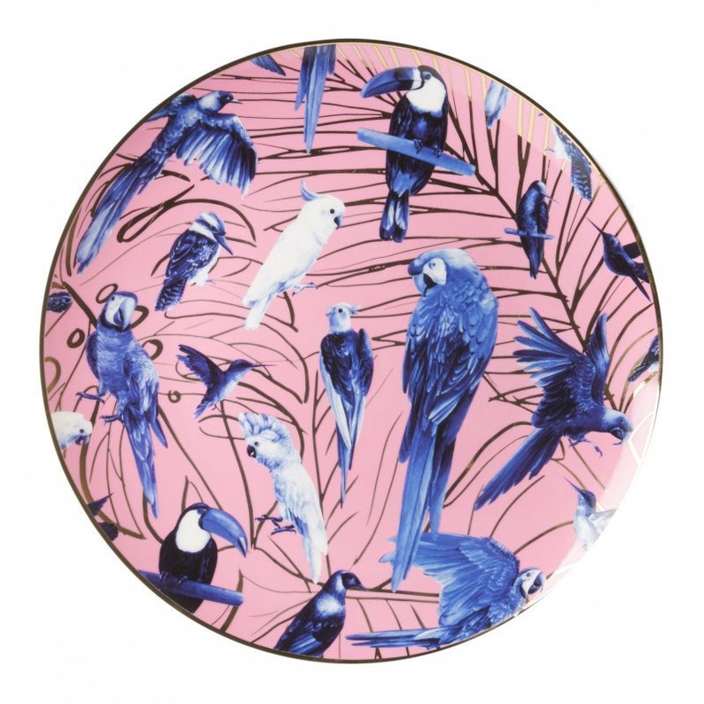 Pink Wall Plate With Tropical Jungle Birds Delft Blue - Etsy