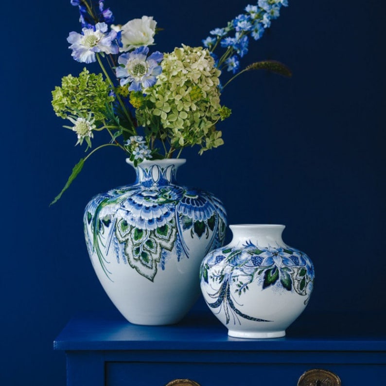 Delft Blue Ball Vase With Tropical Birds Fully Handmade - Etsy