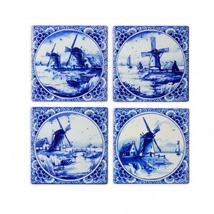 Delft Blue Coasters With Bicycles or Canal Houses, Porcelain, Set of 4 ...