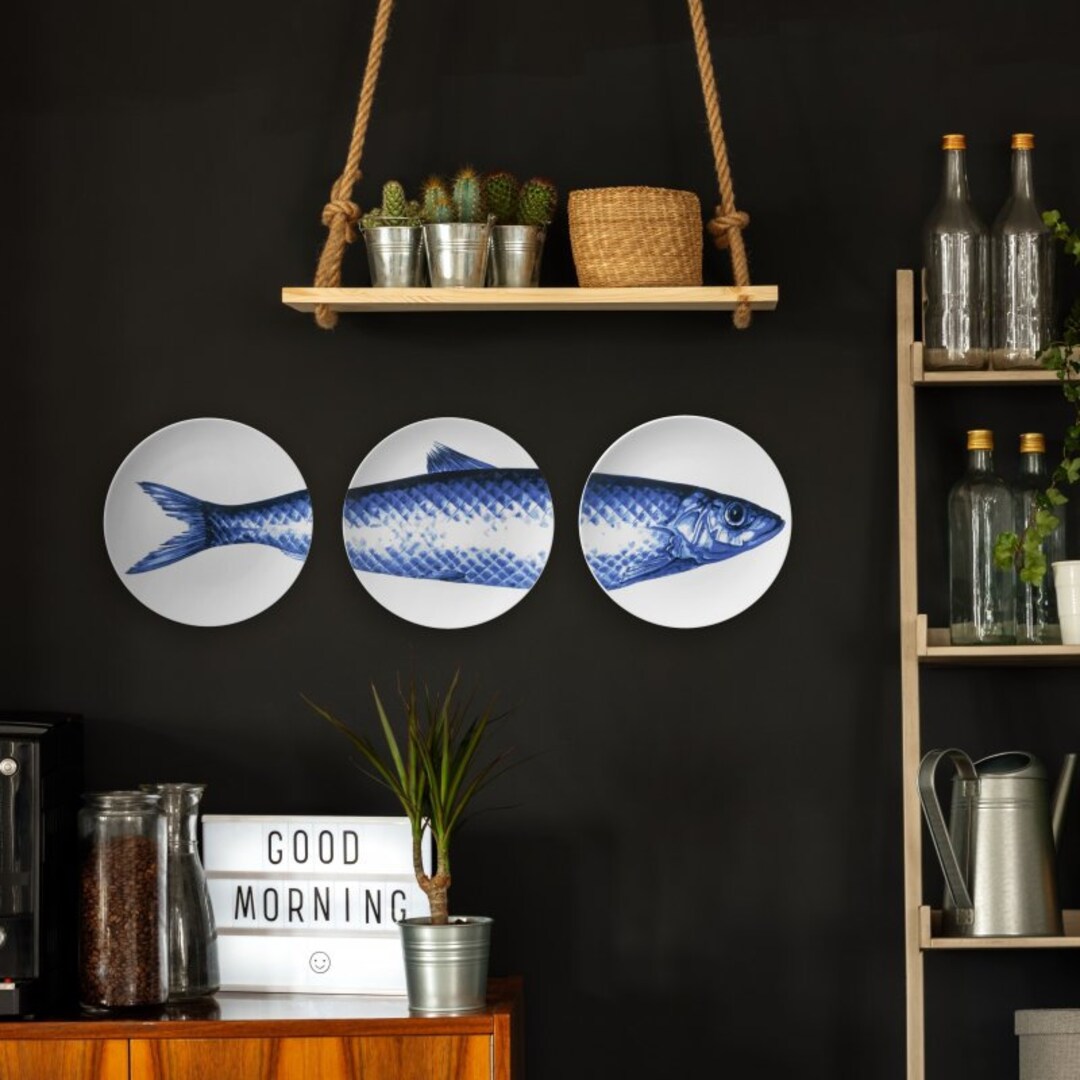 Set of 3 Wall Plates fish Delft Blue Porcelain - Etsy
