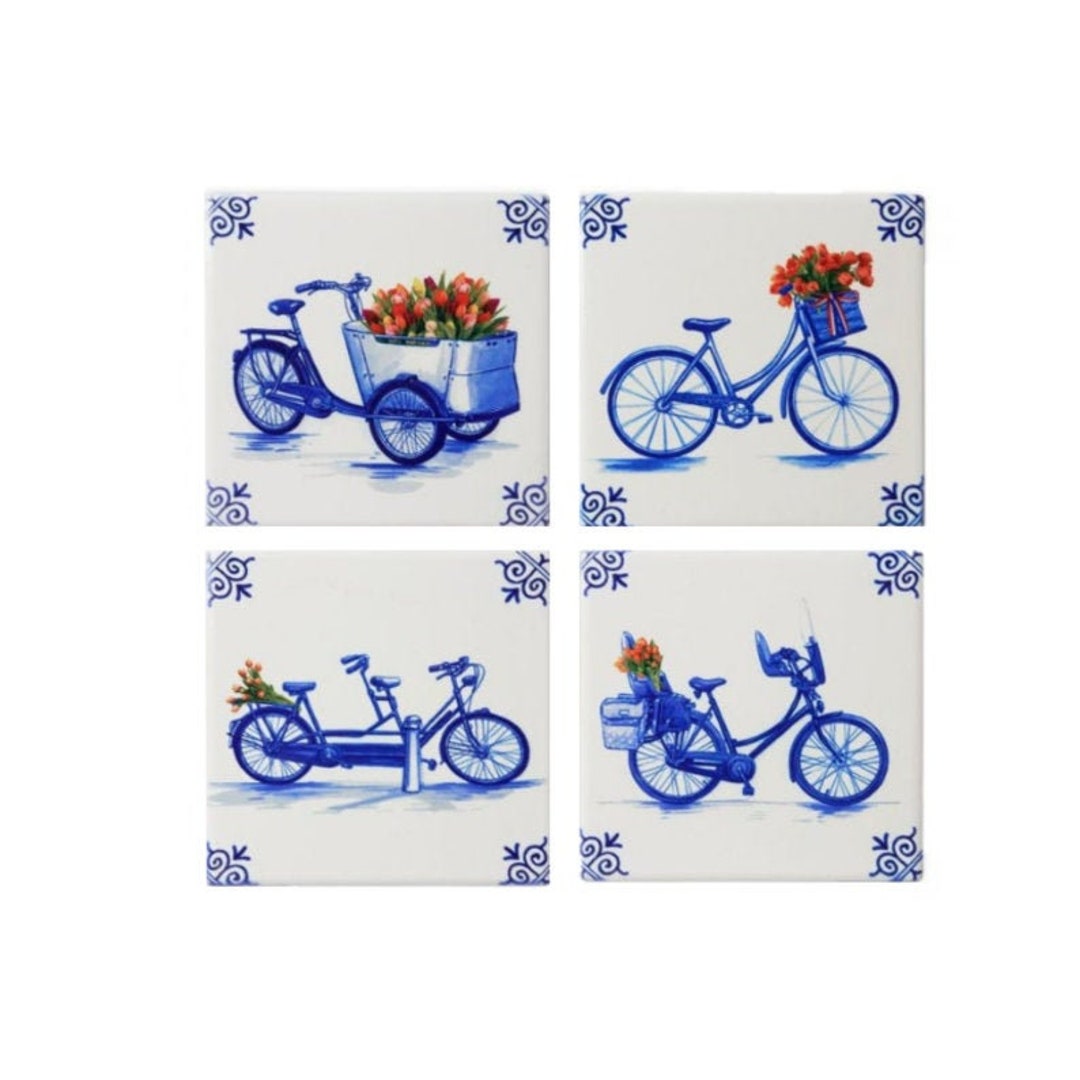 Delft Blue Coasters With Bicycles or Canal Houses, Porcelain, Set of 4 ...