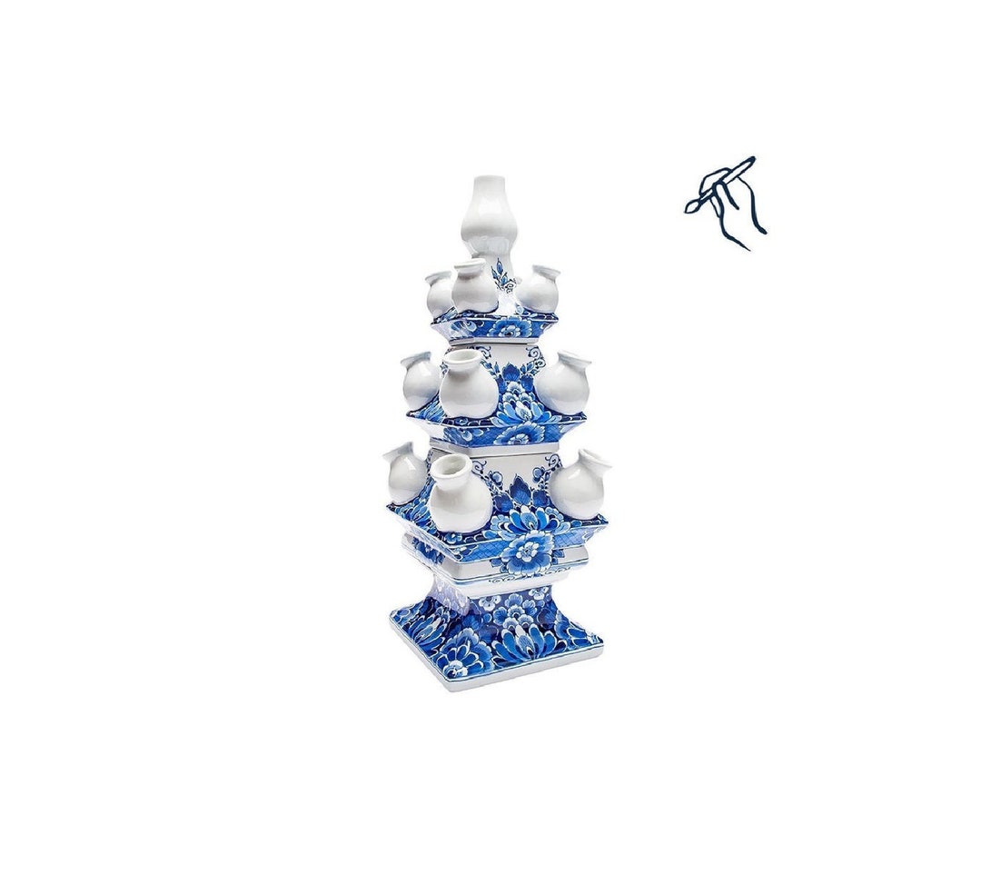 Tulip Vase Three-piece Pyramid Style, Delft Blue, Hand-painted ...