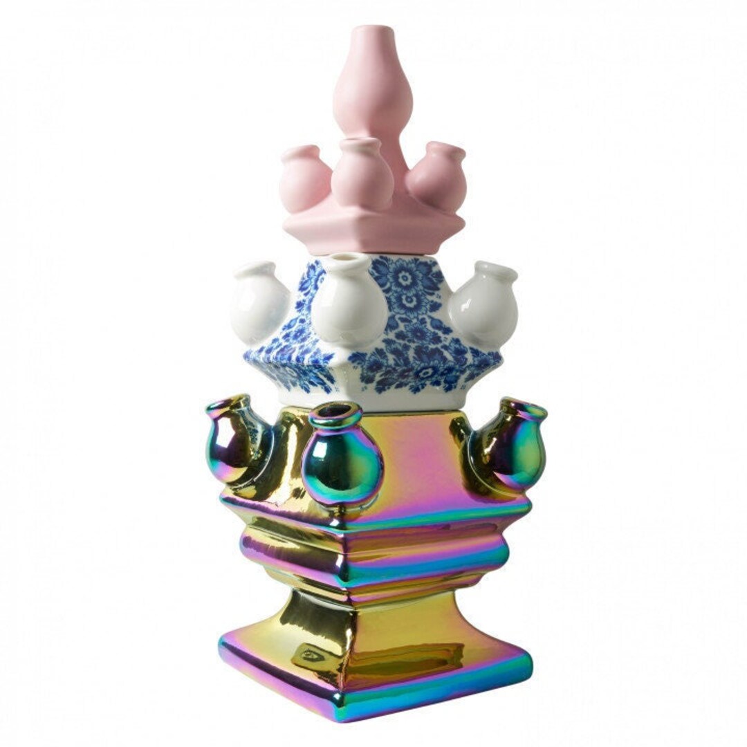 Delft Tulipiere 3-piece Pyramid Style Tulip Vase, Matte Pink, Rainbow ...