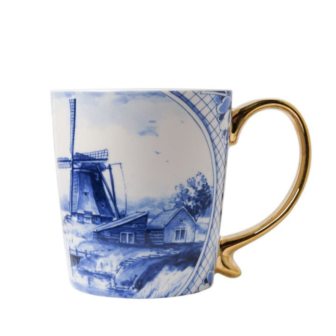 Set of 4 Porcelain Mugs With Delft Blue Windmill and Gold Handle - Etsy