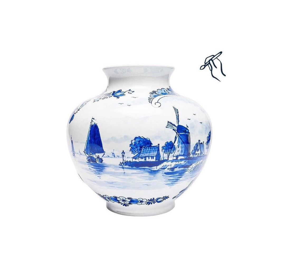 Delft Blue Ball Vase With Dutch Windmill Landscape and Fishing Boat ...