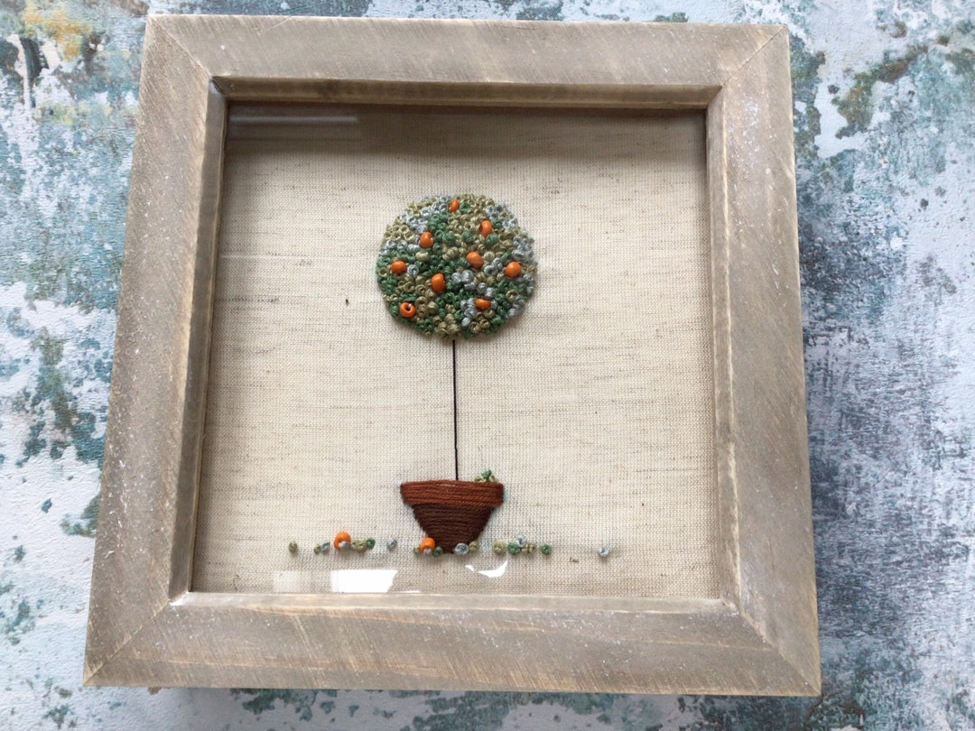 Hand Embroidered Topiary Tree in Box Frame/ Embroidered Orange Fruit ...