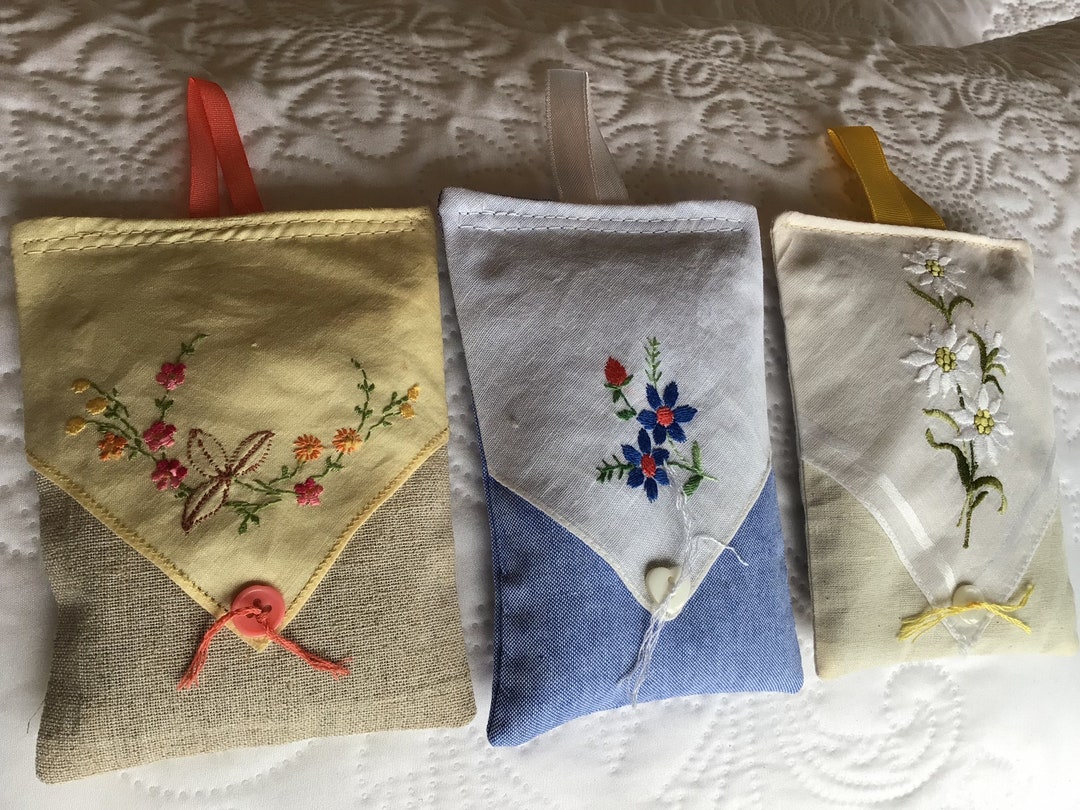 Antique Vintage Embroidered Lavender Bags/ Vintage Handkerchief ...
