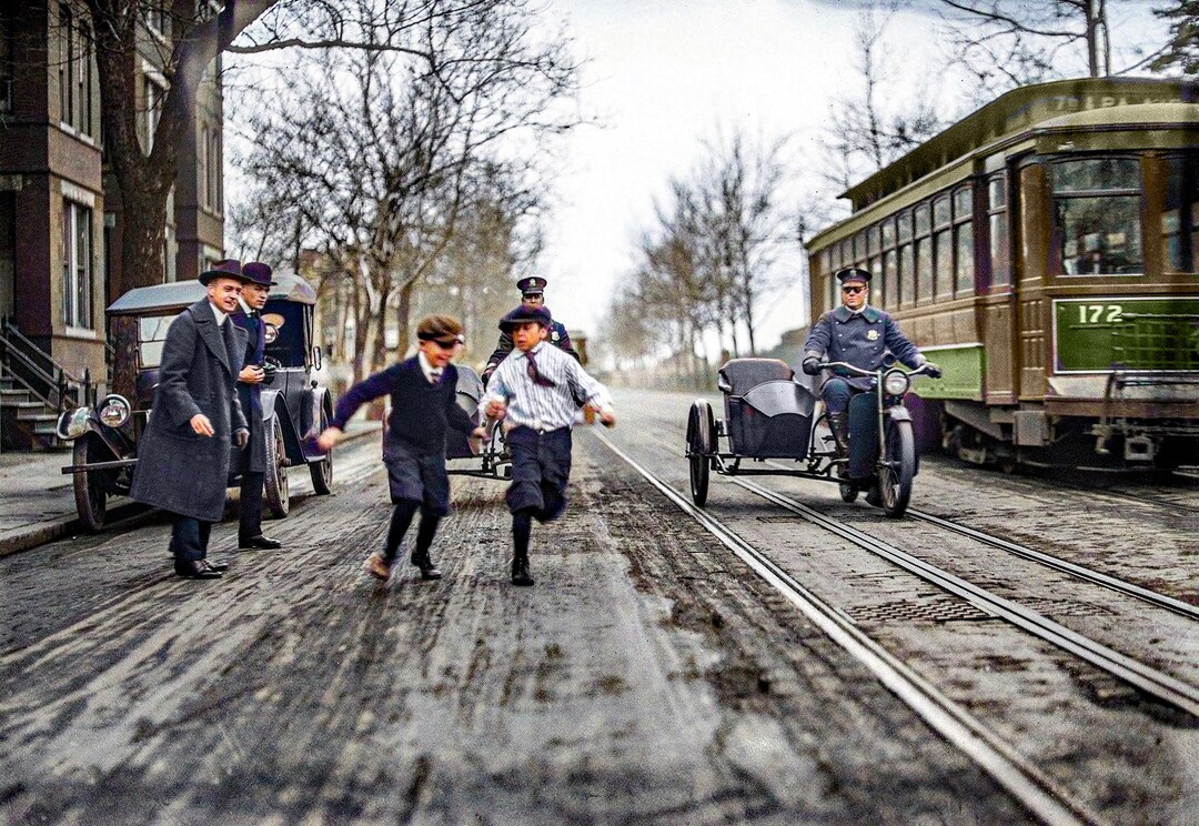 1922 Children, Police Motorcycles With Sidecars, and Streetcar in ...