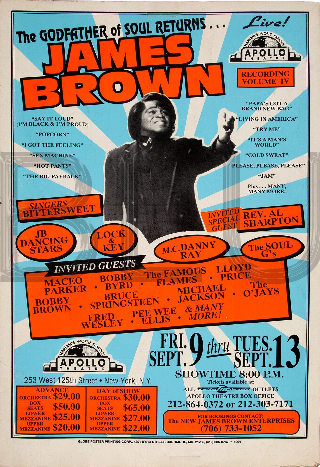1994 James Brown Apollo Theater Harlem Jumbo Globe Concert Poster