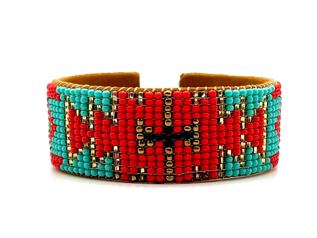 Handmade Beaded Leather Cuff Bracelet: Turquoise Native Design - Etsy