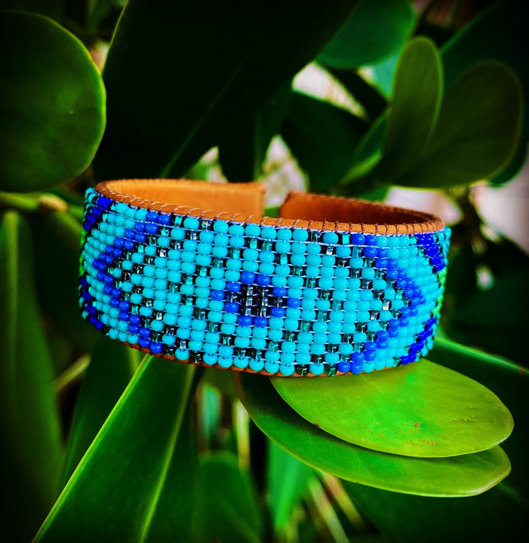 Native Turquoise Cuff Bracelet, Brown Leather Bangle, Beaded Cuff ...