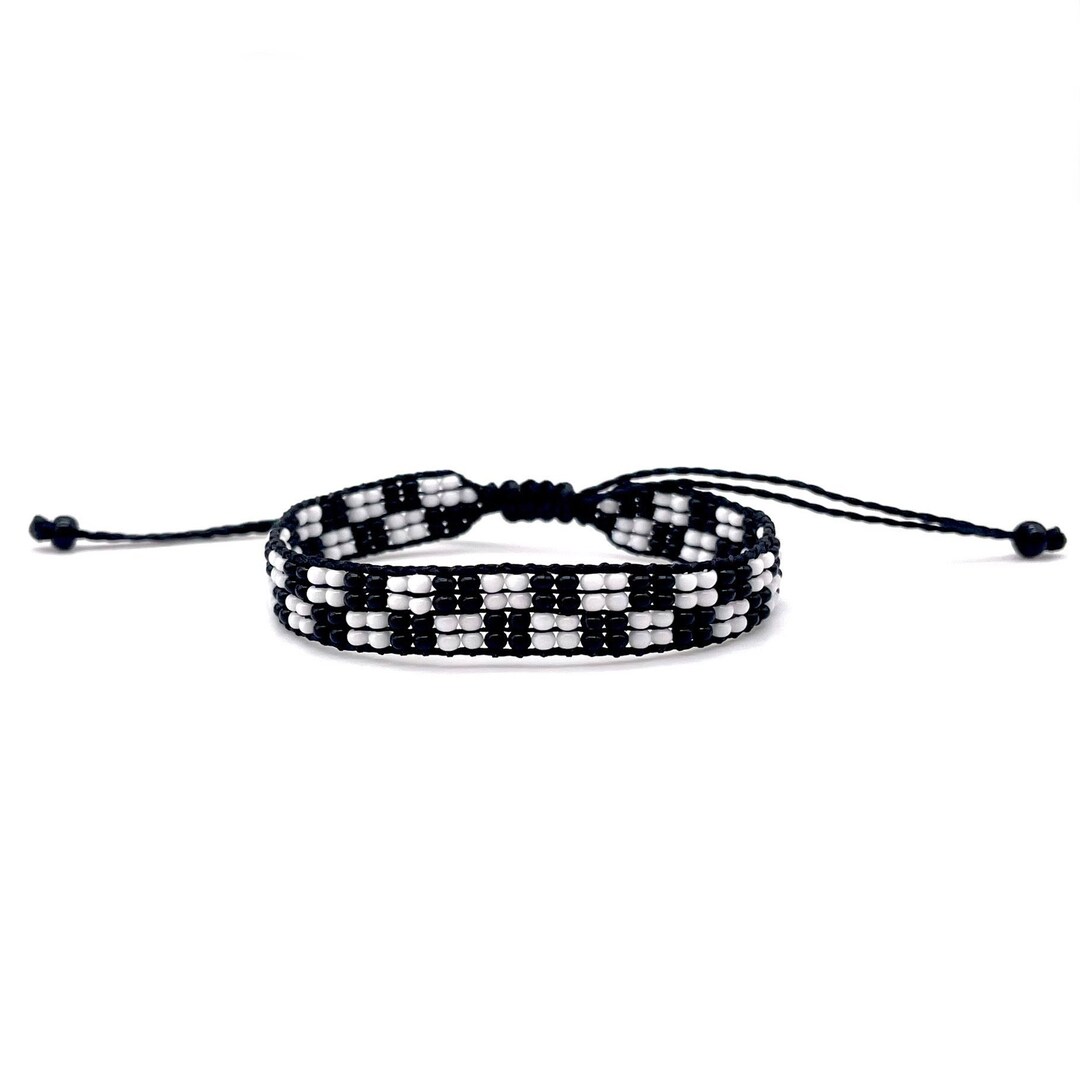 Black and White Checkered Beaded Bracelet: Adjustable Plaid Jewelry - Etsy