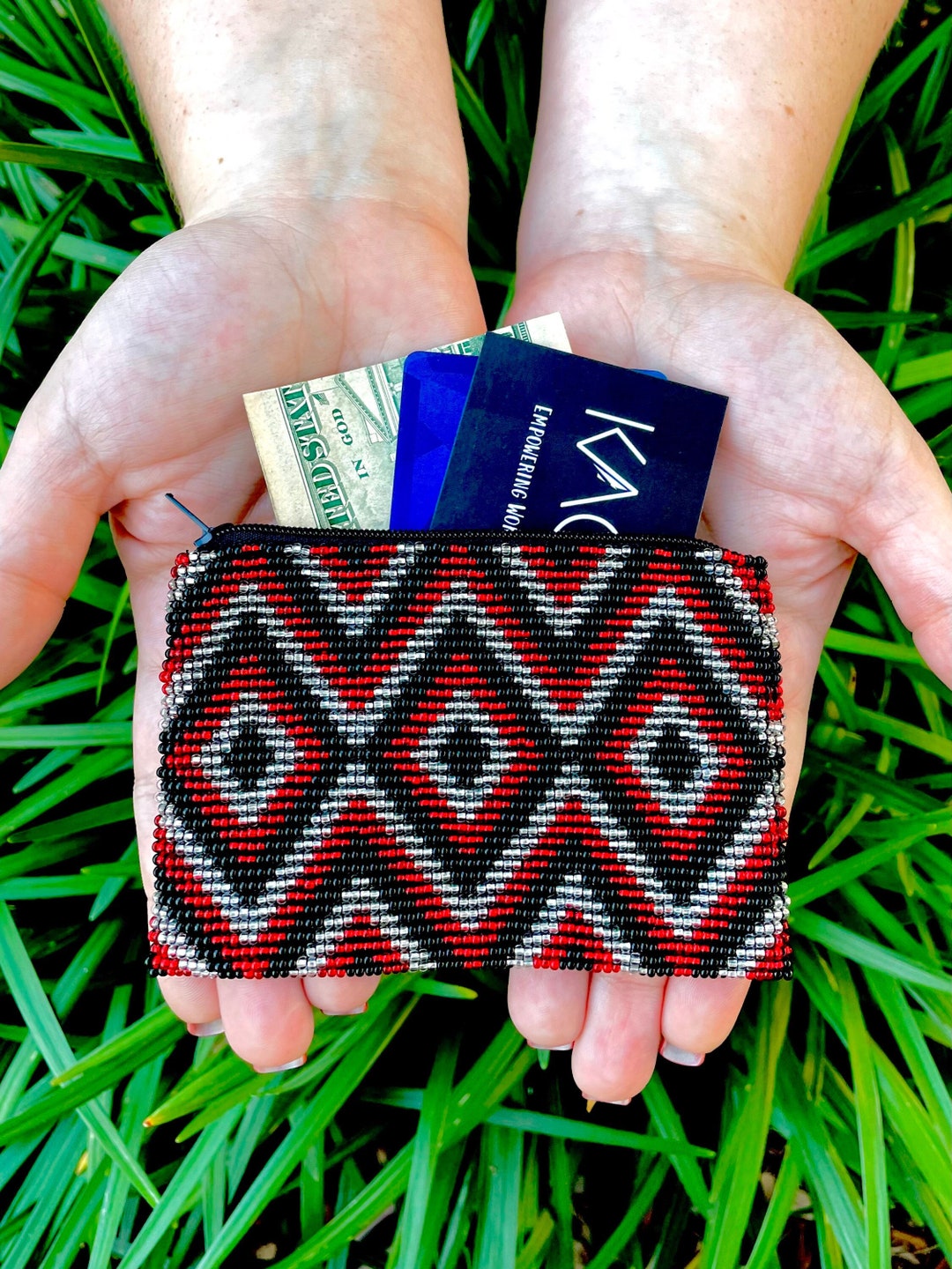 Handmade Beaded Coin Purse: Red & Black Diamond Pattern Zipper Pouch - Etsy