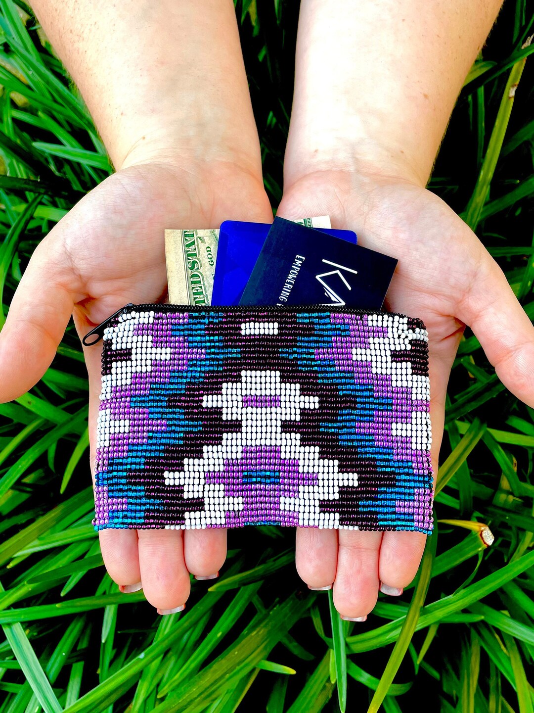 Purple Coin Purse, Beaded Zipper Pouch, Handmade Beaded Wallet, Change ...