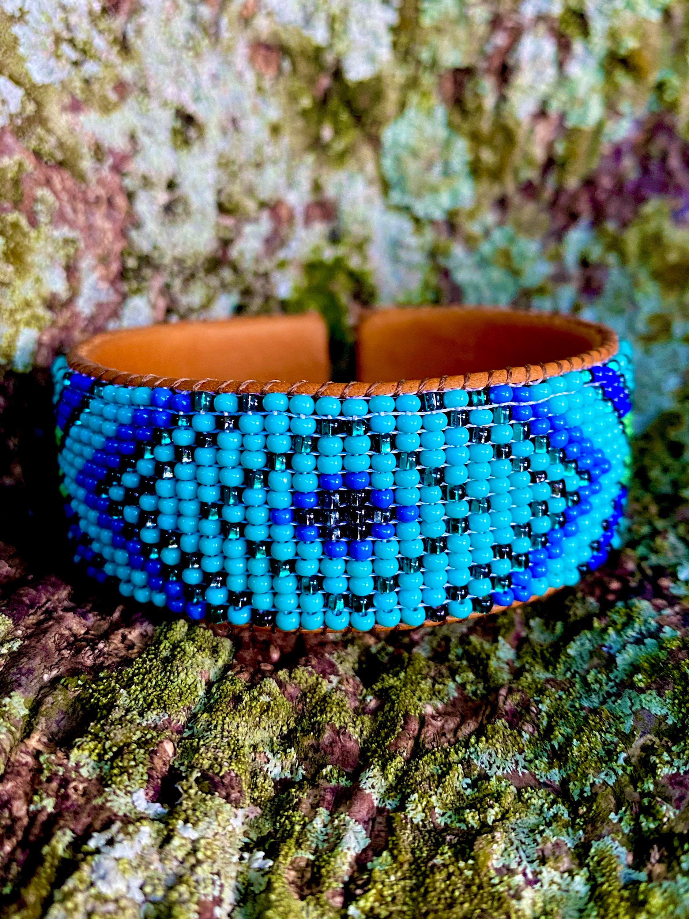 Native Turquoise Cuff Bracelet Brown Leather Bangle Beaded | Etsy