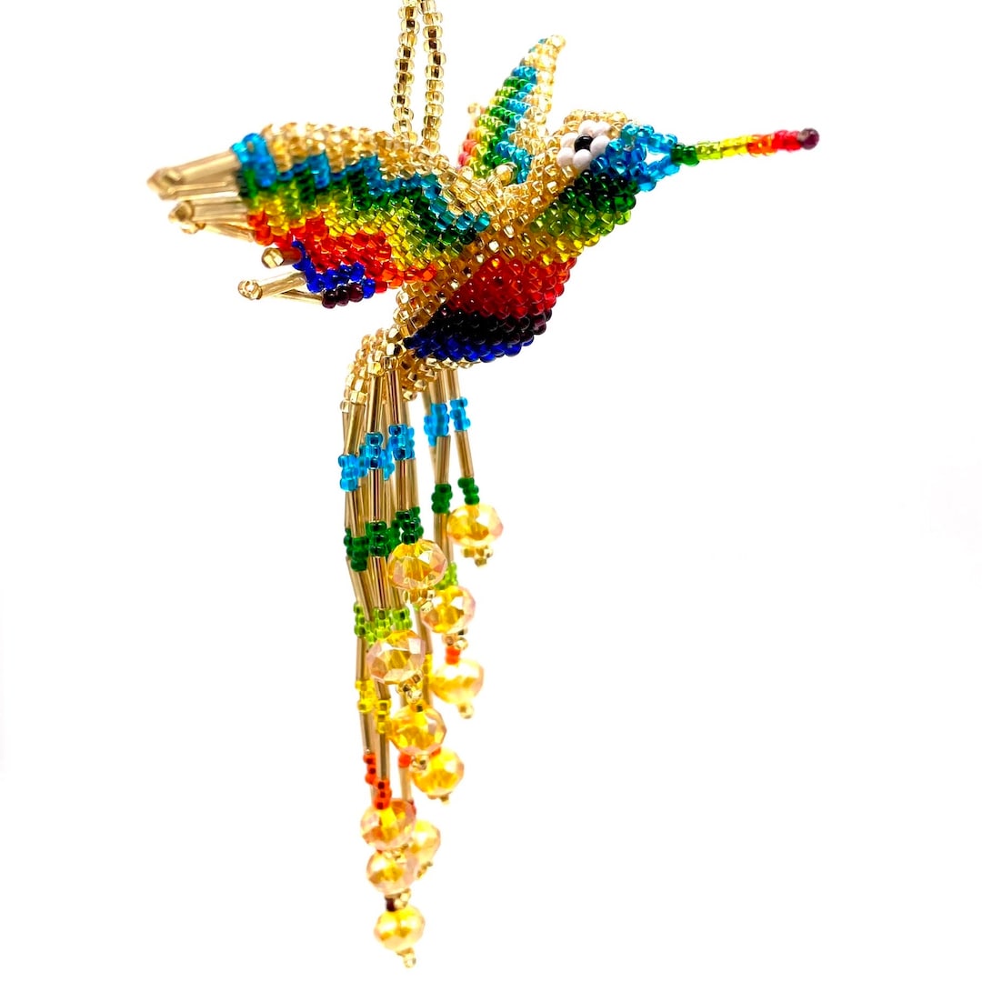 Gold Beaded Hummingbird, Beaded Ornament, Native Beaded Bird, Handmade ...