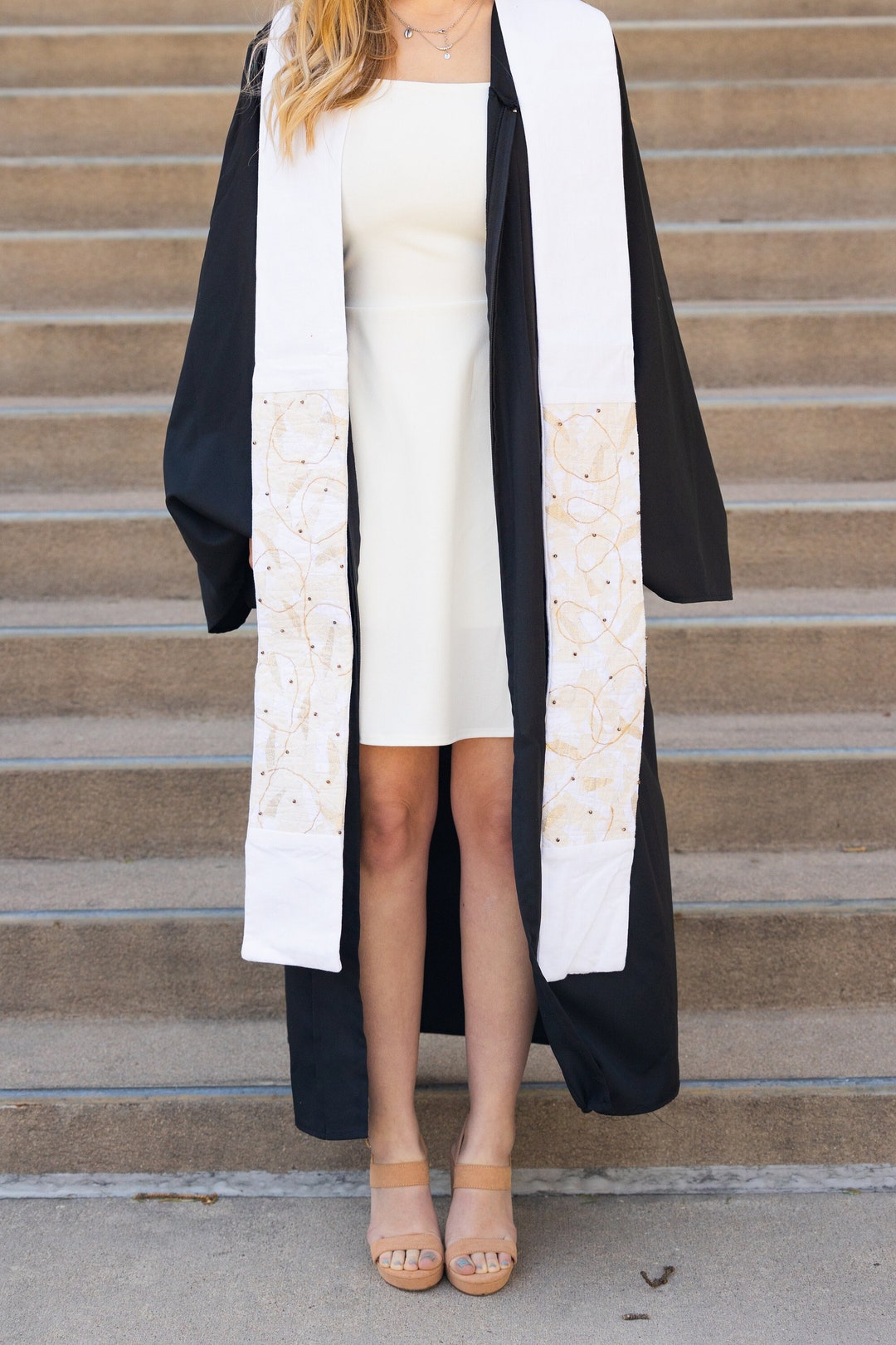 White & Gold Contemporary Stole Recycled Fabric Sash for Graduation or ...