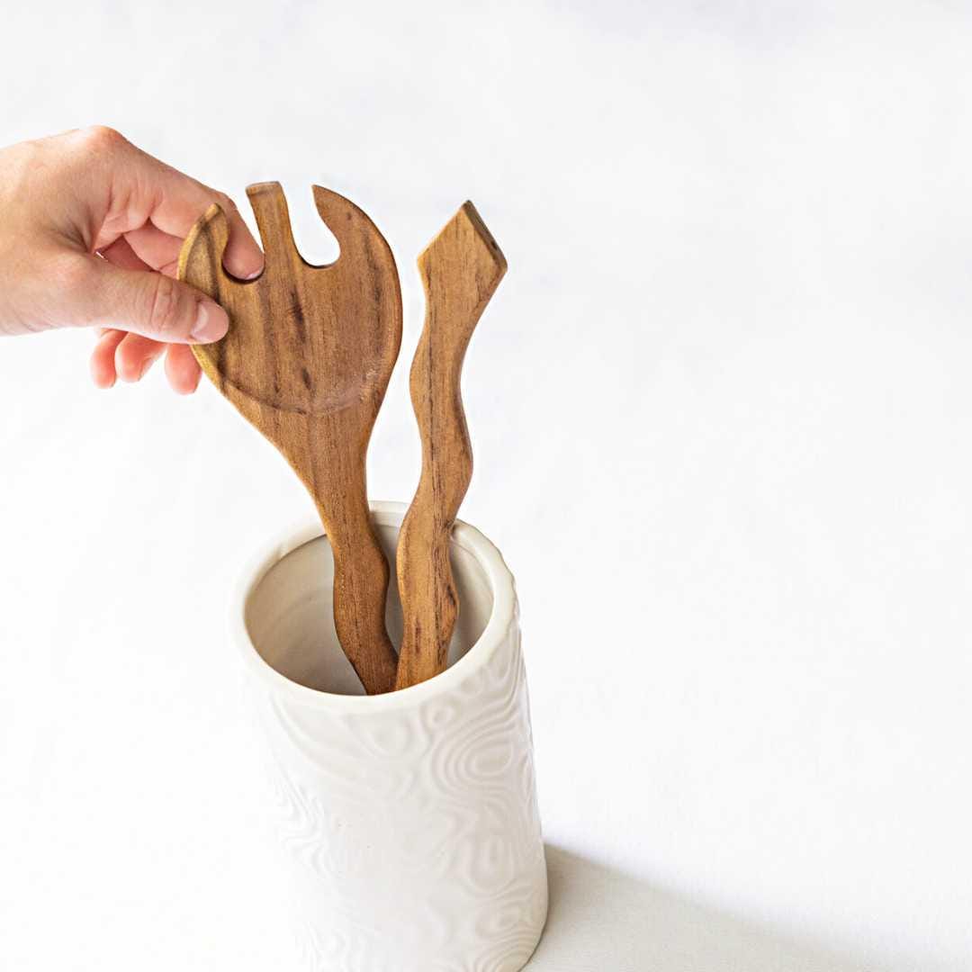 Hand Carved Wood Salad Serving Set | Reclaimed Macawood, Laurelwood - Etsy