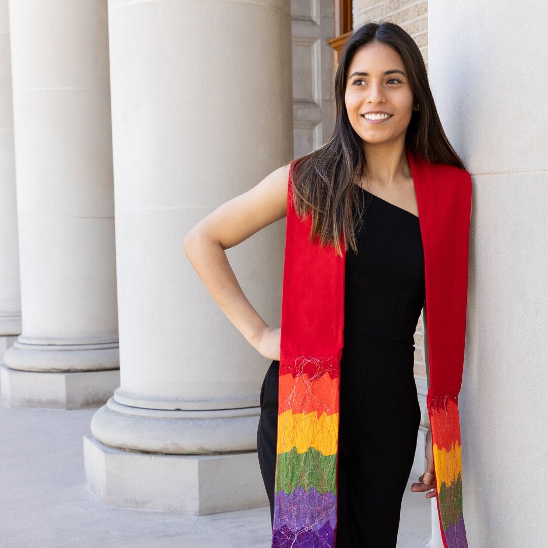 Rainbow & Red Contemporary Stole Recycled Fabric Sash for Graduation or ...