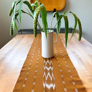 Serpentine Ikat Woven Table Runner - Handwoven Cinnamon Textile for Large Tables | Guatemalan ...