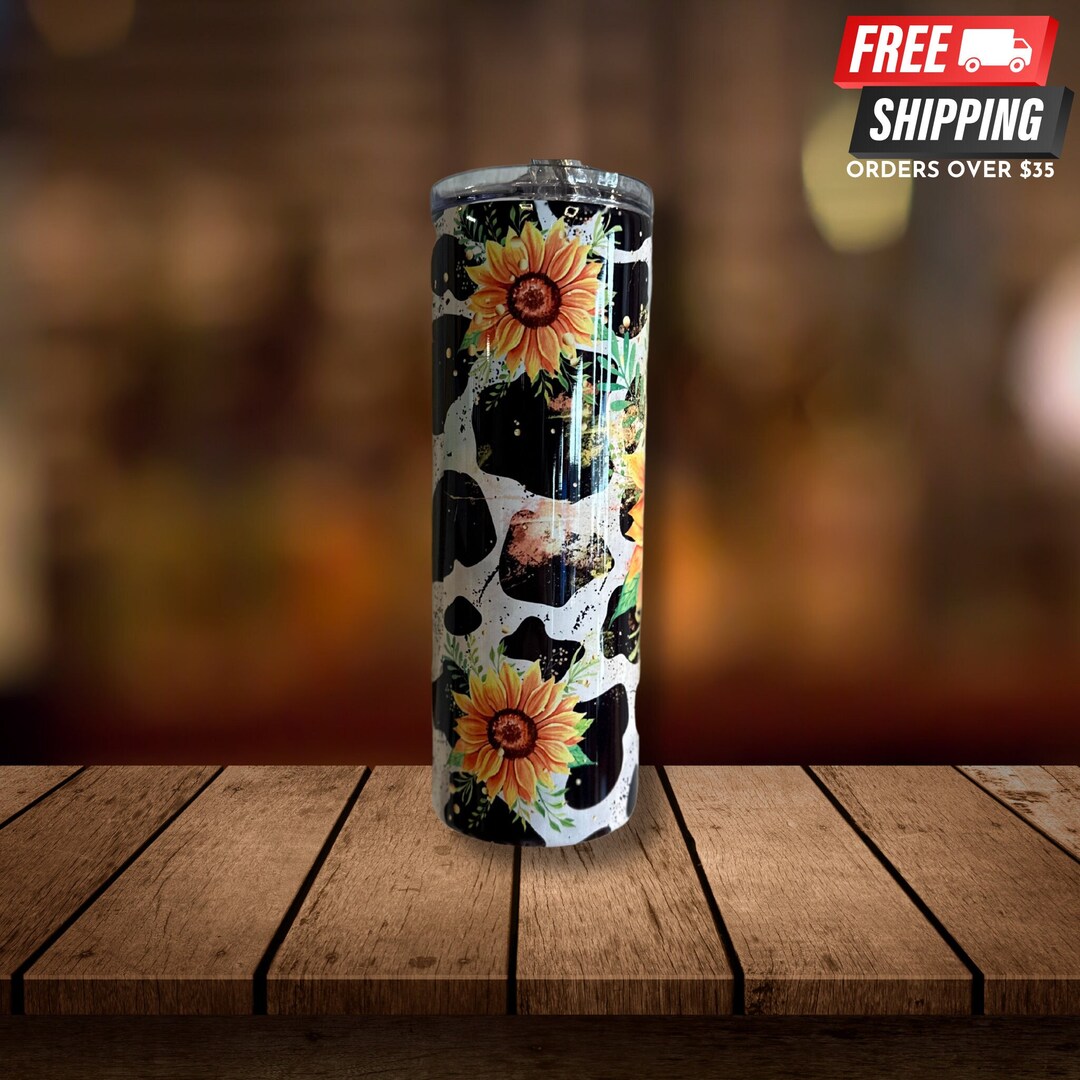 Sunflower & Cow Print 20 Oz Tumbler: Rustic Charm in Every Sip - Etsy
