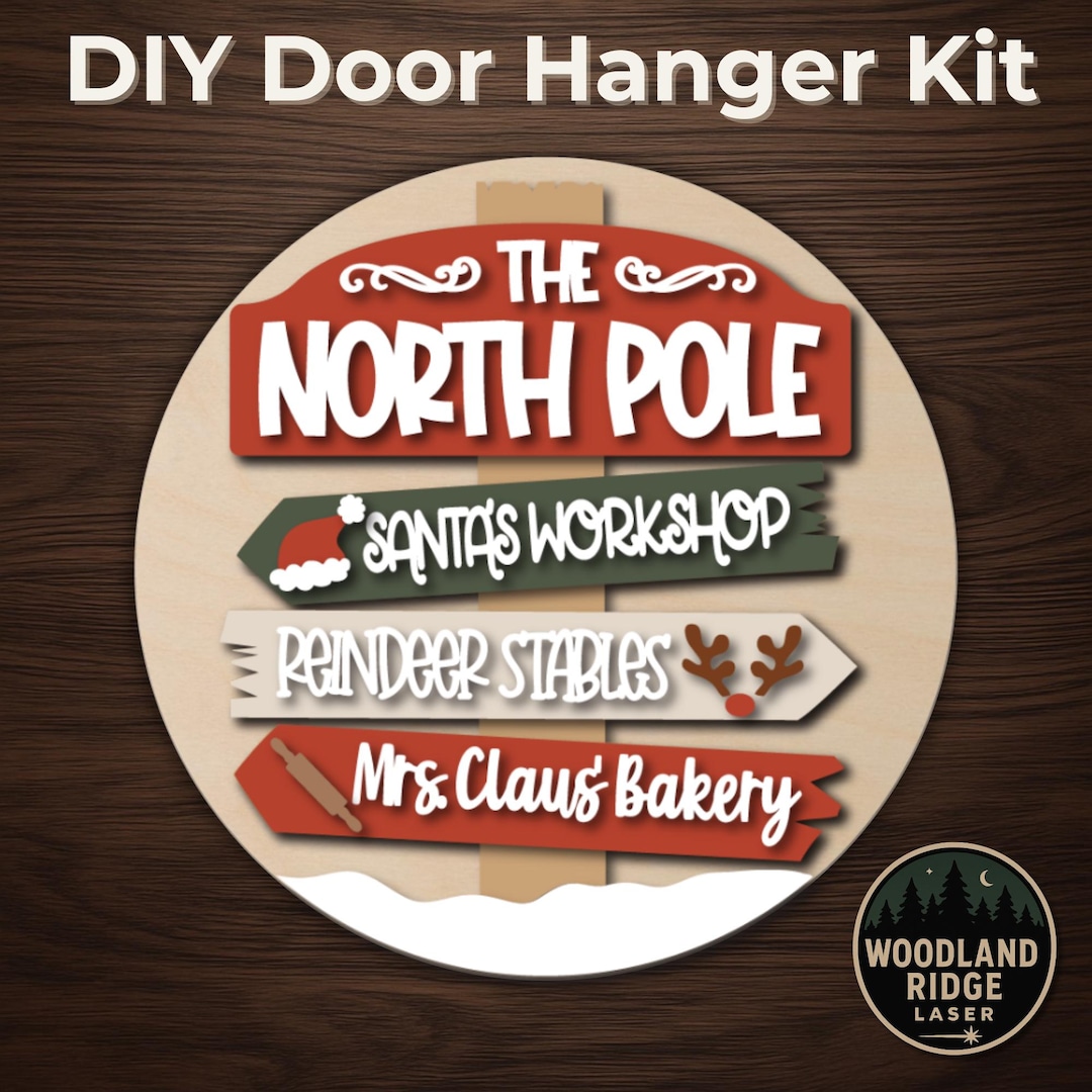 North Pole Street Signs DIY Door Hanger Kit – Round Unfinished Wood ...
