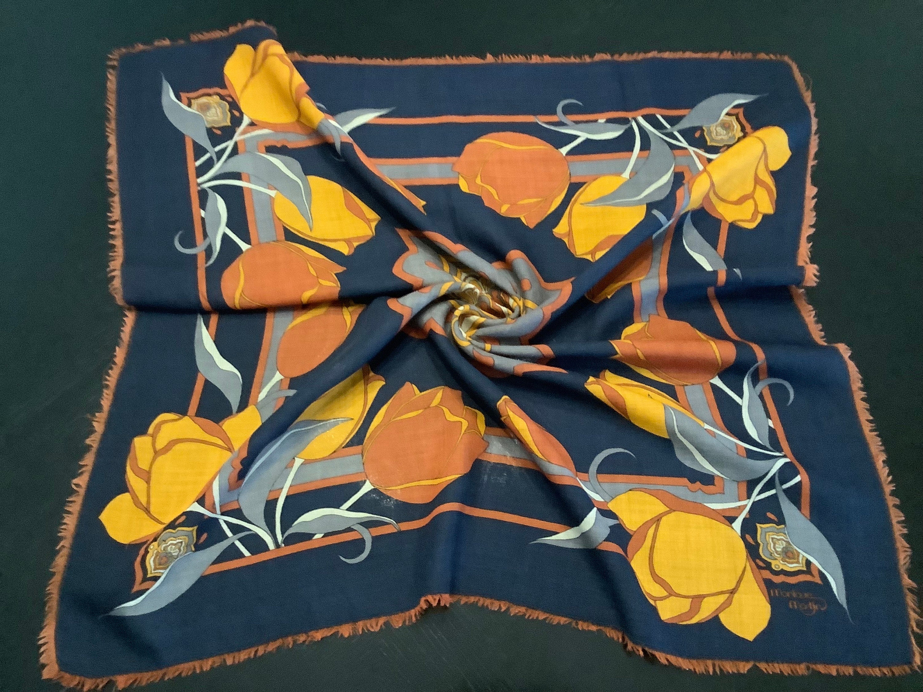 Vintage MONIQUE MARTIN Square Warm Scarf With Floral Print Fringed Ends ...