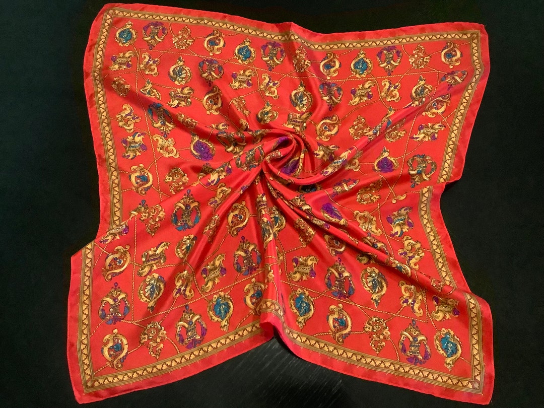 Vintage Medium Silk Scarf Neckerchief in Red Print Hand Rolled Made in ...