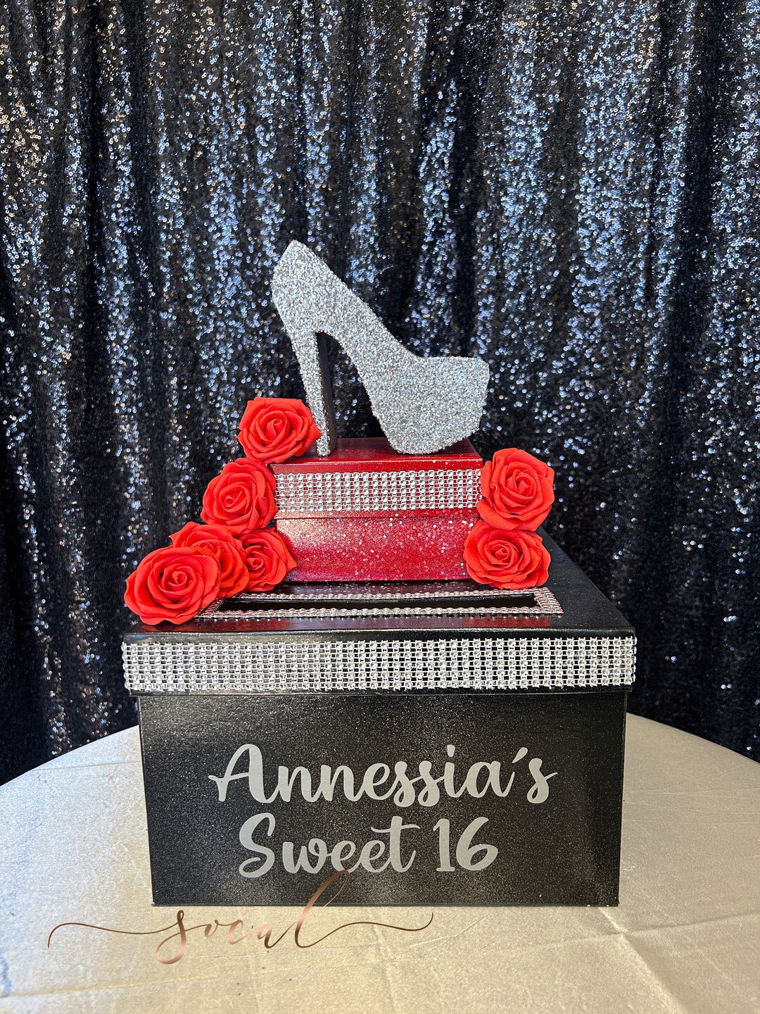 Card Box Featuring Sparkling Heel and Roses for Sweet 16, Milestone ...