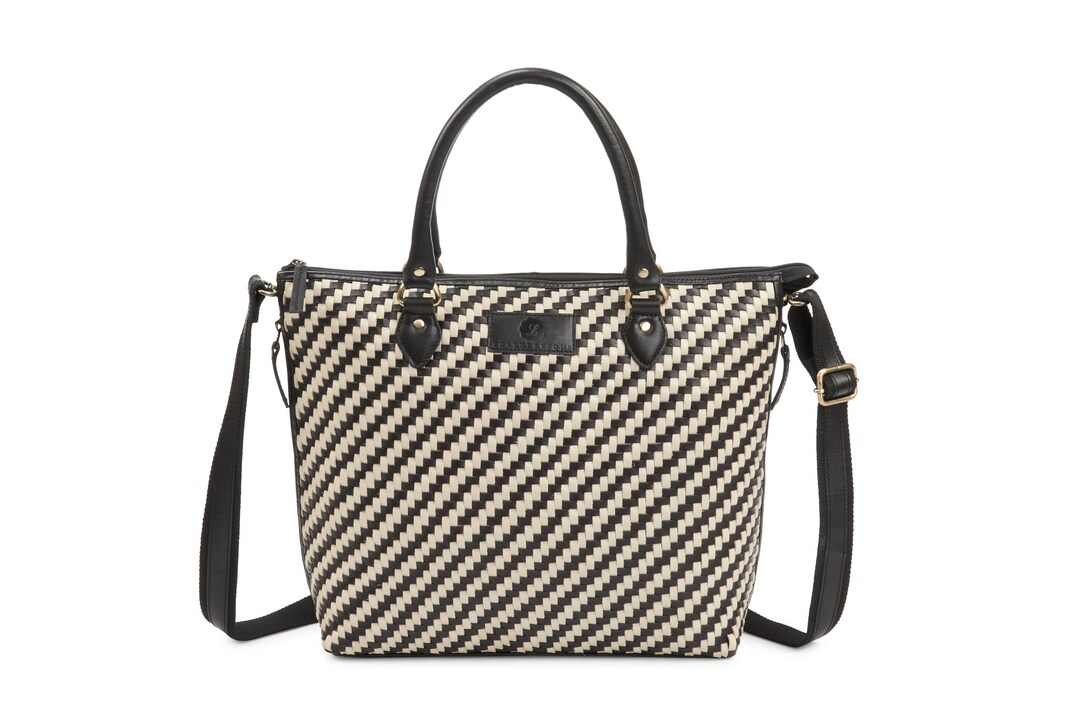 Chrystie Leather Tote Bag, Diagonal Weave, Black & White, Office Bag ...