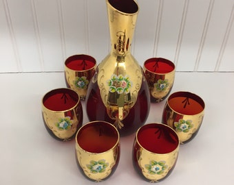 Venetian Murano Glass Ruby Red & 24K Gold Decanter Cordial Set With 6 ...