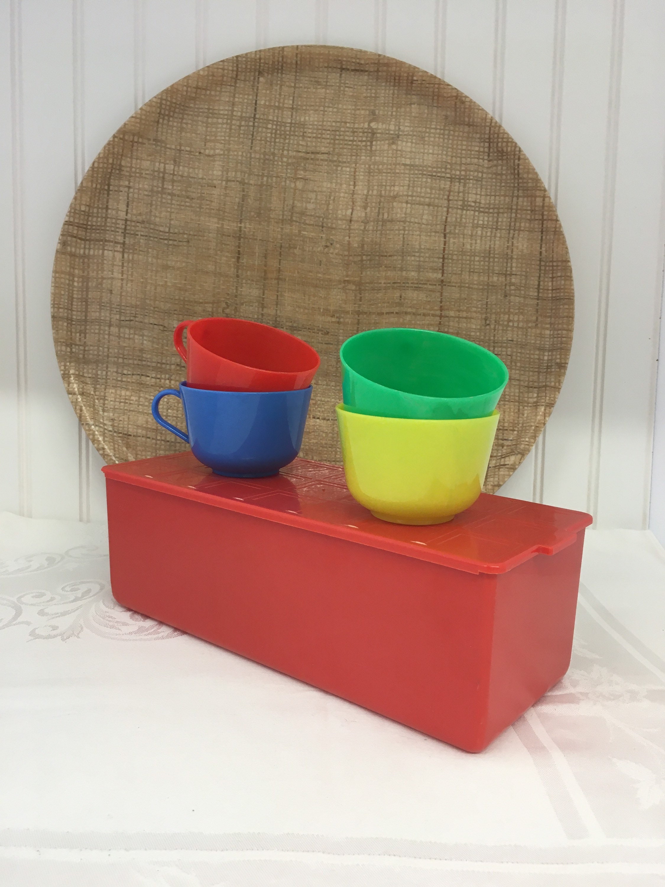 Red Plastic Picnic Food Container w/Four Plas-Tex Cups | Etsy