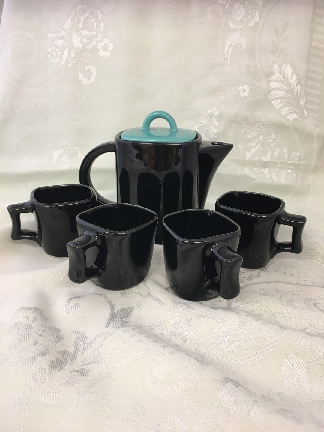 Six Piece Black & Turquoise Tea Set - Etsy