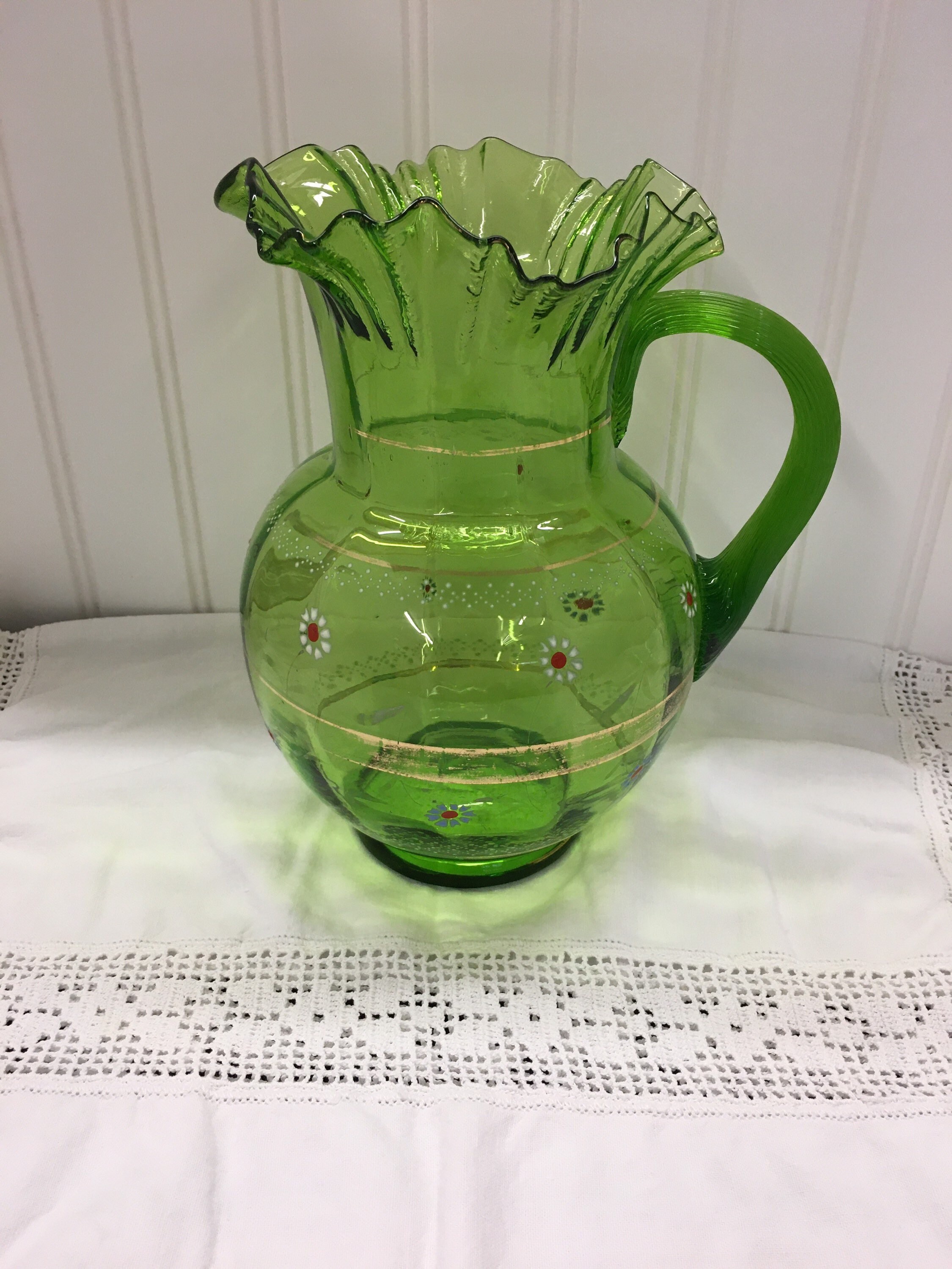 19th Century Hand Blown Enamel Painted Glass Pitcher - Etsy