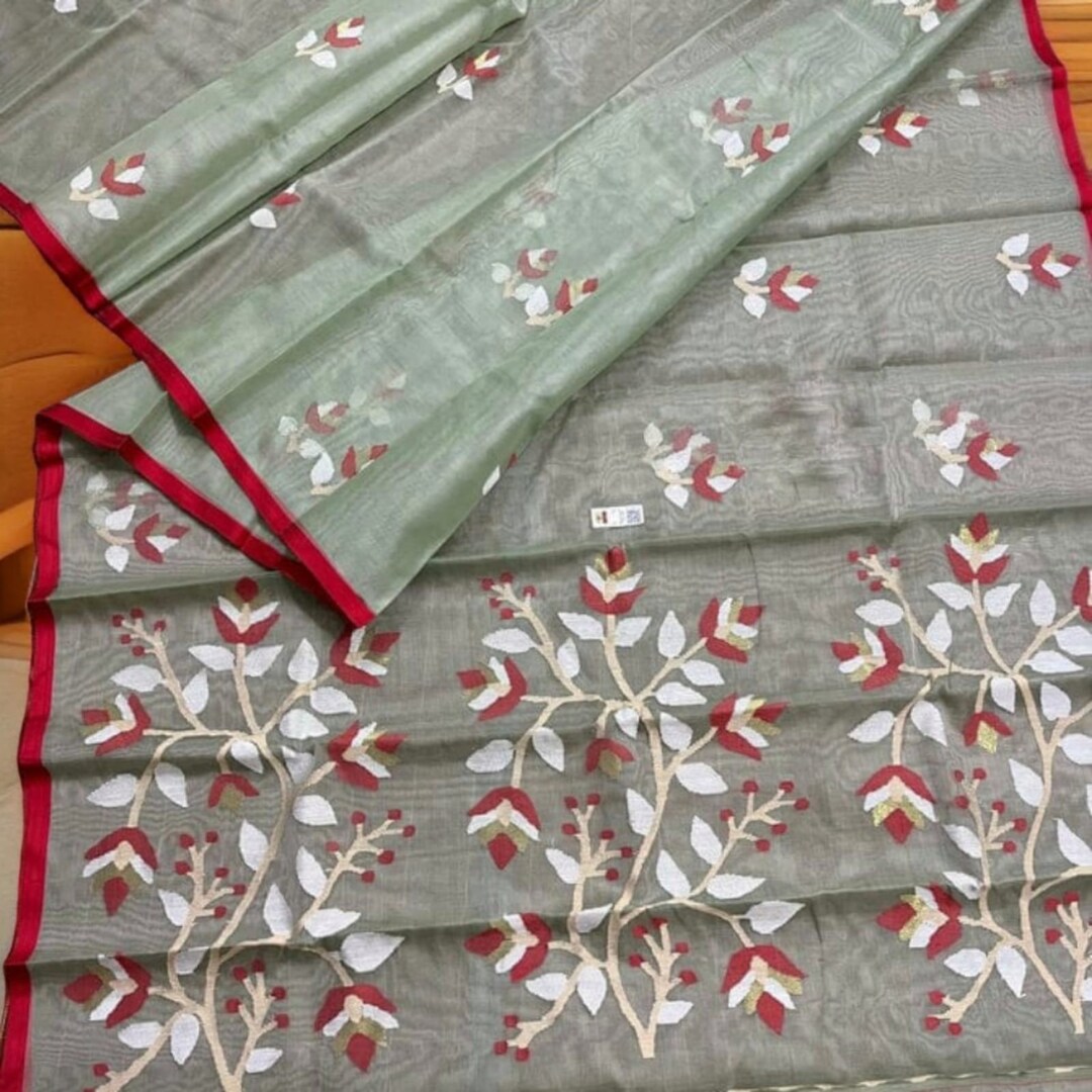 Resom Jamdani Saree With Red Boder and Running Blouse Piece, Handloom ...