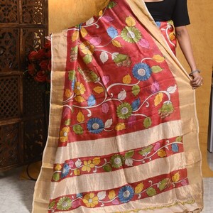 Hand Paint Kalamkari Work Zari Boder on Tassar Silk With Blouse Piece ...