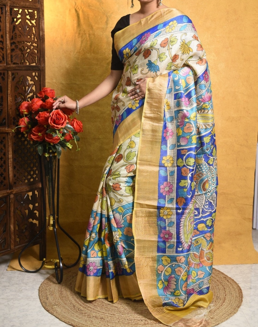 Hand Paint Kalamkari Work Zari Boder on Tassar Silk With Blouse Piece ...