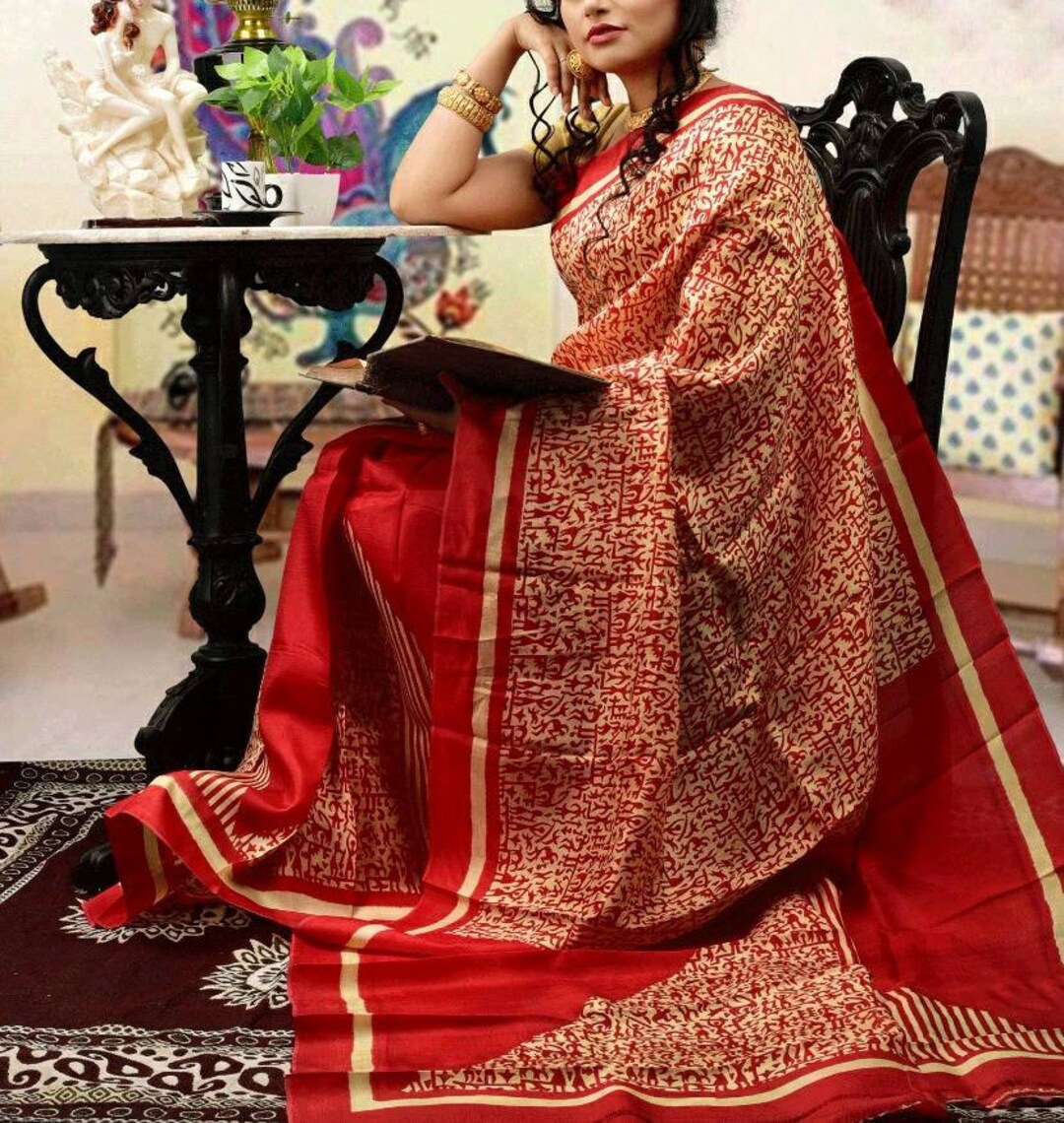 Indian Hand Painted Artwork on Indian Silk Saree With Blouse - Etsy