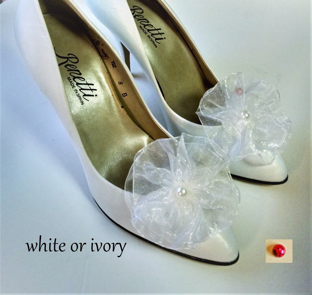 Large White Organdy Flower Special Occasion Shoe Clips With Pearl ...